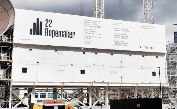 Giant offset cabin wrap at 22 Ropemaker for Skanska